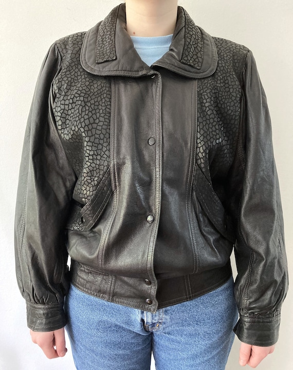 Vintage leather bomber jacket // 80s leather jacket w… - Gem