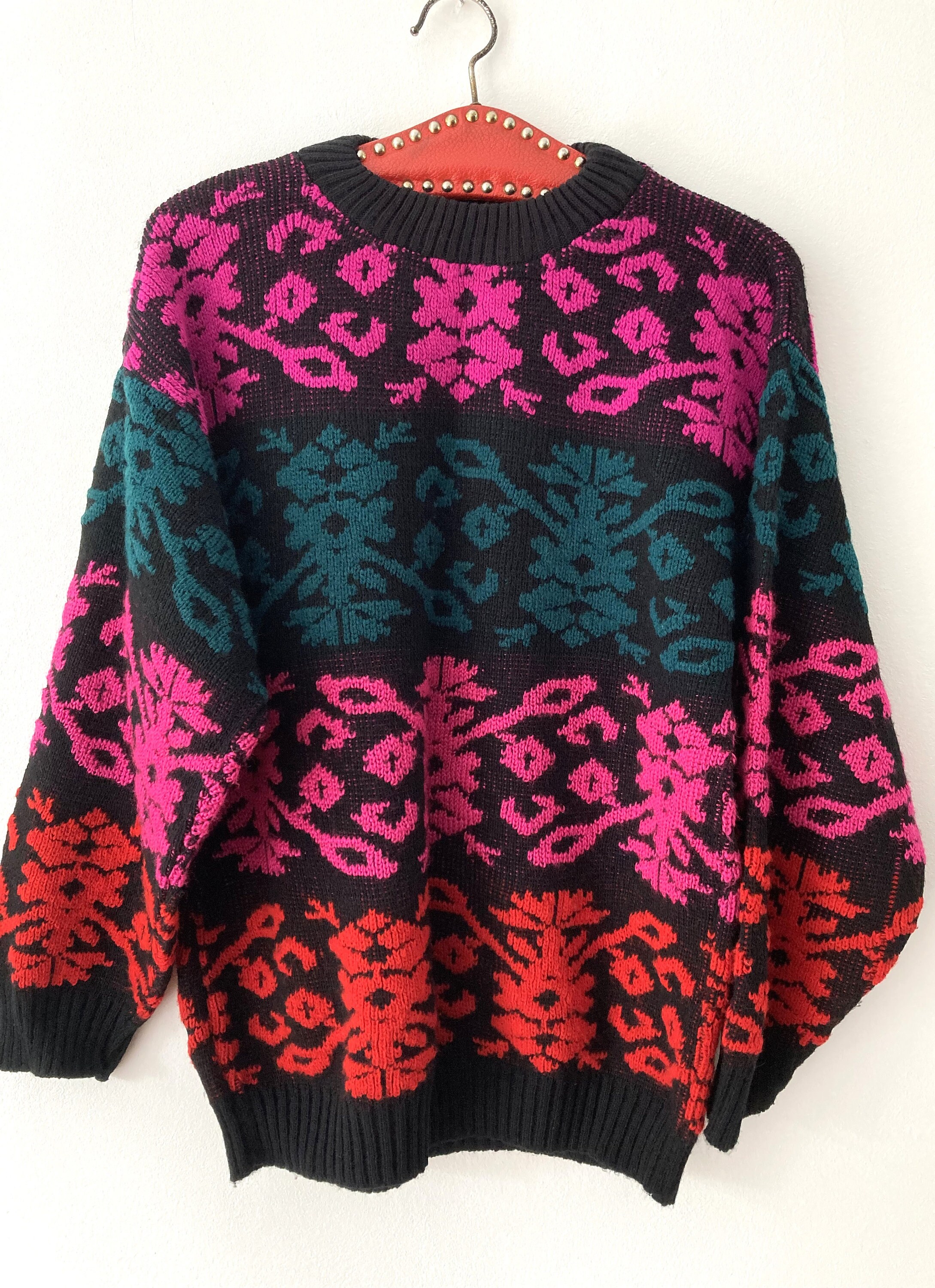 Vintage 80's Bright-colored Print Knit Sweater/ Vintage Ugly Sweater ...