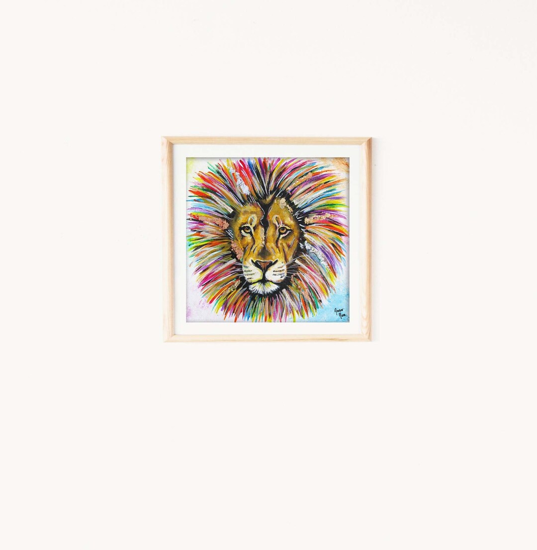 Rainbow Lion Art Print, Multicoloured Safari Animal Painting, Square ...