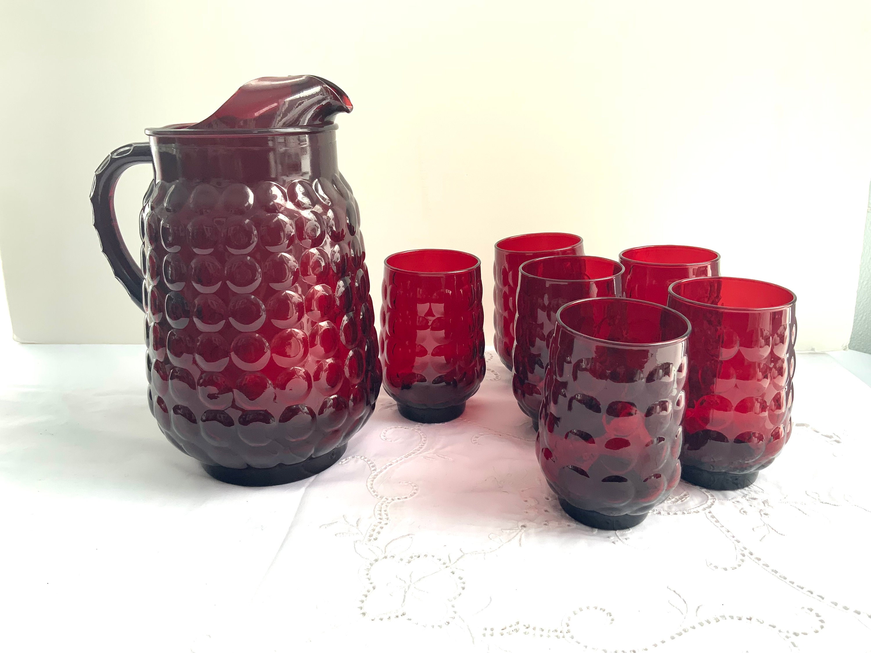 Anchor Hocking Ruby Red Bubble Glass Pitcher & Tumbler Set - Etsy