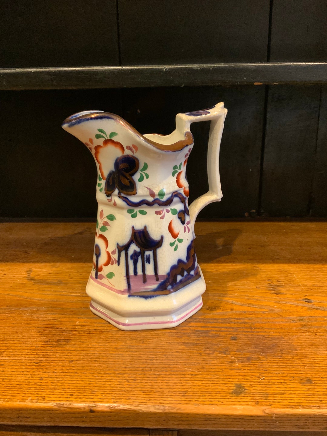 1800s Gaudy Welsh Lustreware Flow Blue Pitcher With Hexagon Base ...