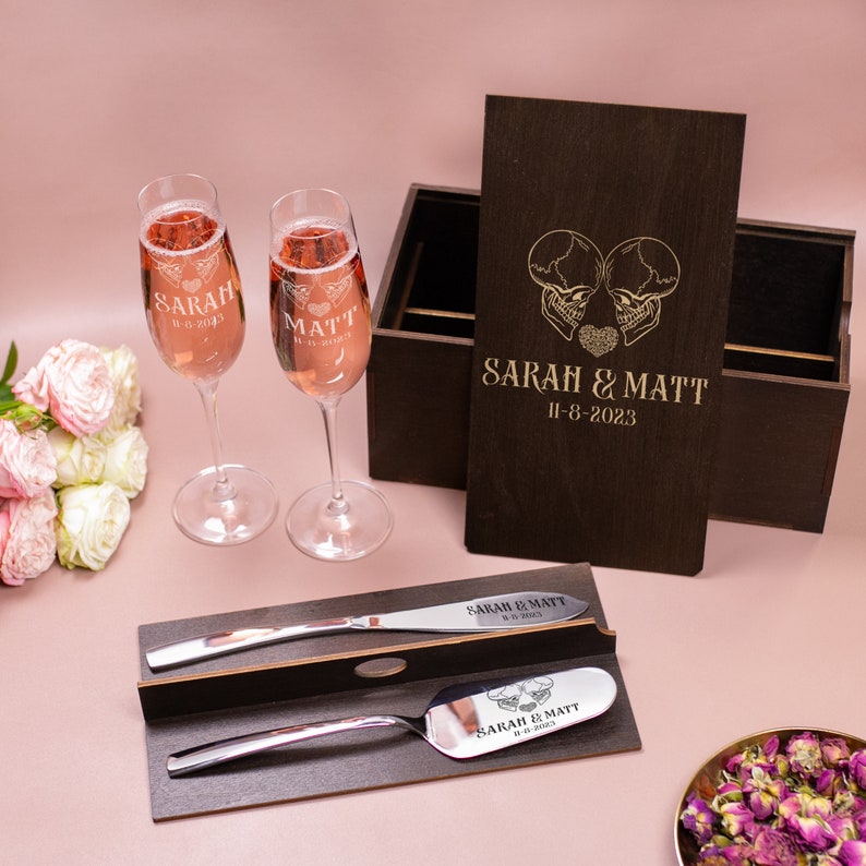 Personalized Wedding Set, Gothic Wedding Flutes and Cake Server Set ...