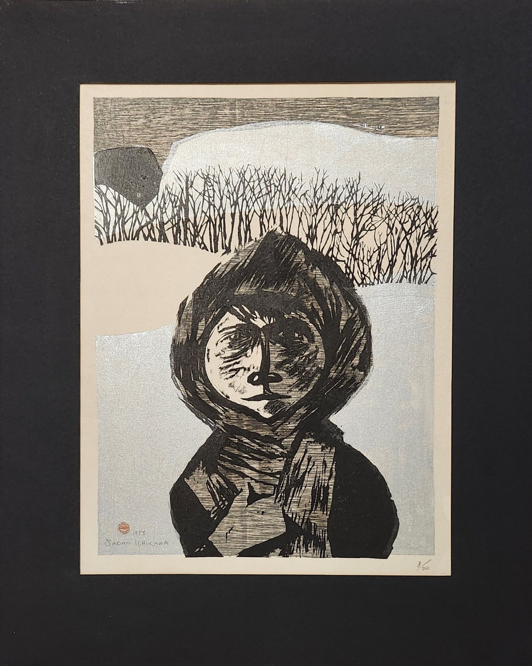 Original 1958 Sadao Ichikawa FIGURE IN SNOW Woodblock Print Artist Signed and Numbered 8/20 in ...