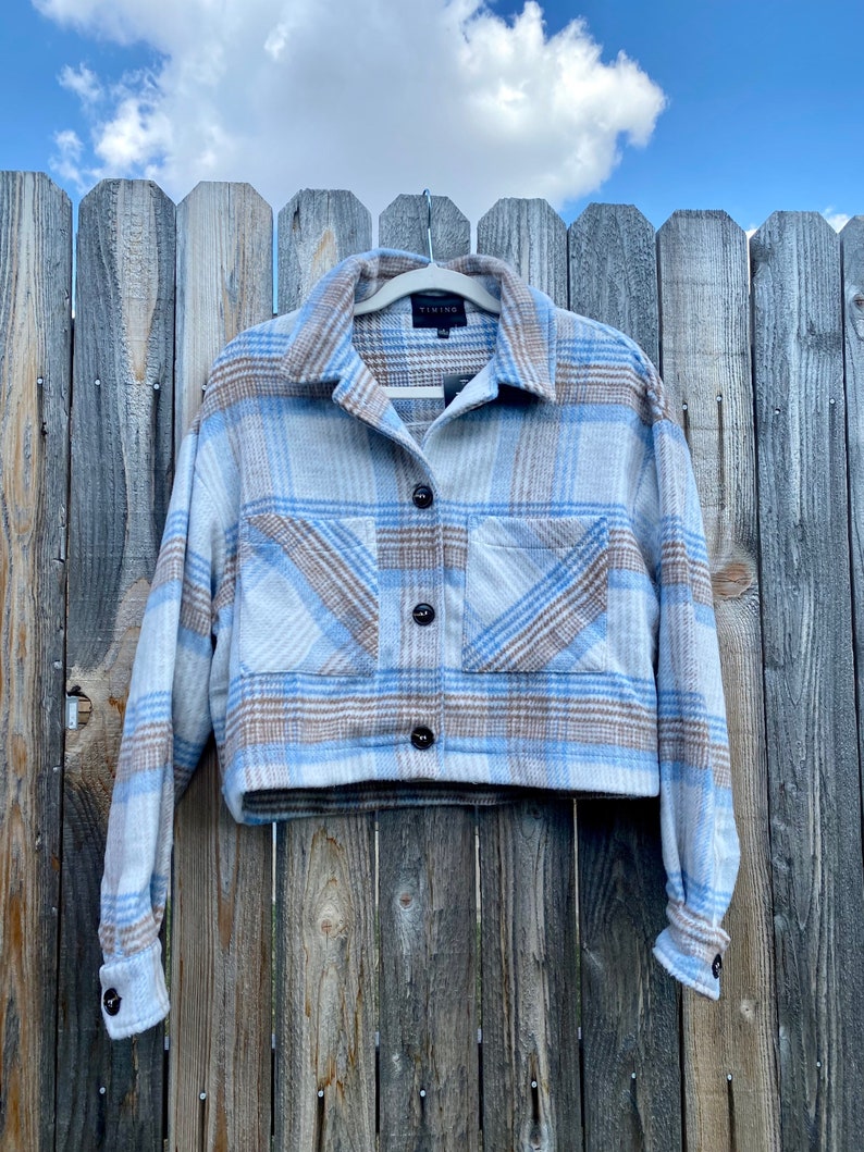Collared Crop Button Down Plaid Shacket With Front Pockets - Etsy