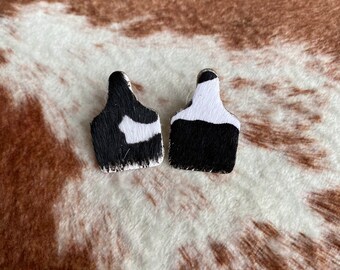 Genuine Leather Cowhide Cattle Tag Stud Earrings, Hair on Hide Ear Tag ...