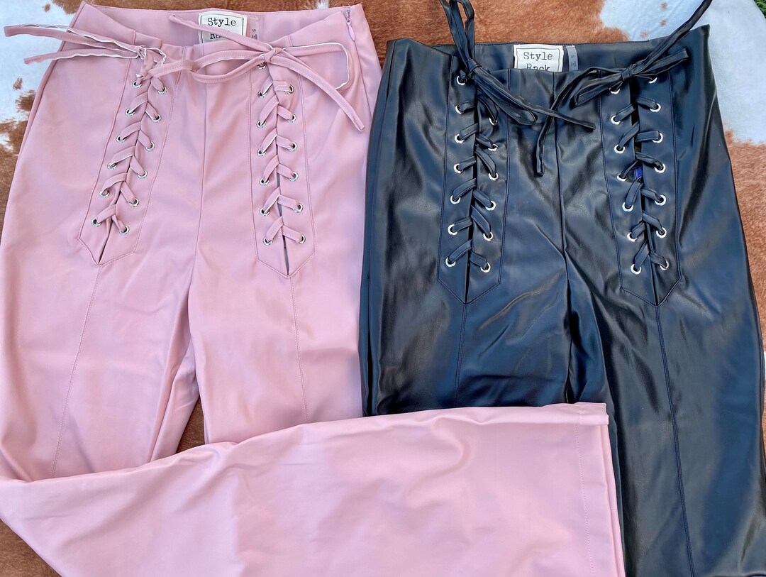 Lace Detailed Faux Leather Boot Cut Pants With Side Invisible Zipper - Etsy