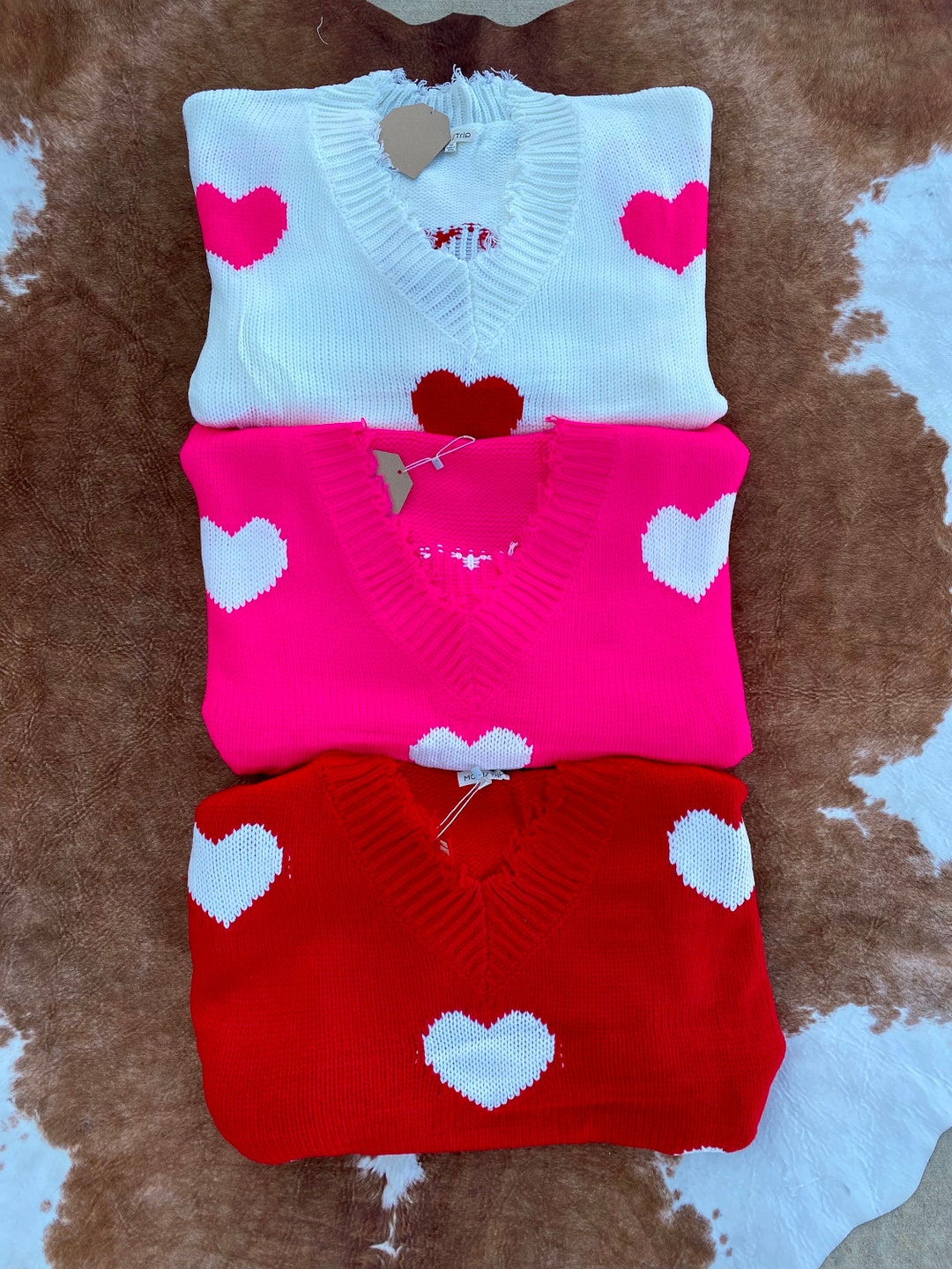 Oversized Heart Print Distressed V Neck Long Sleeve Sweater - Etsy