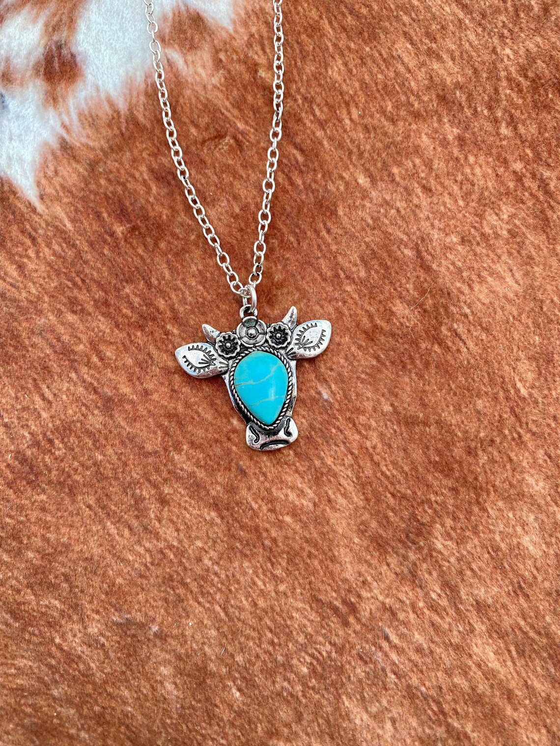 Western Longhorn Semi Stone Pendant Necklace - Etsy