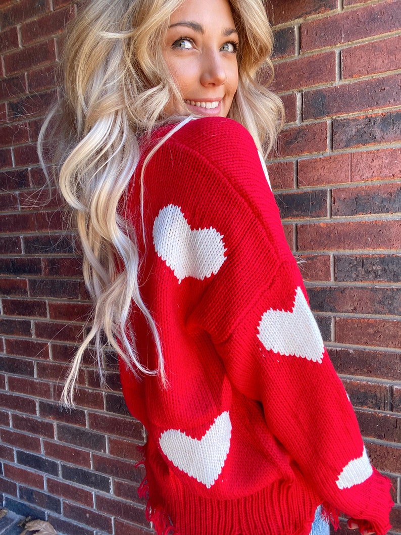 Oversized Heart Print Distressed V Neck Long Sleeve Sweater - Etsy