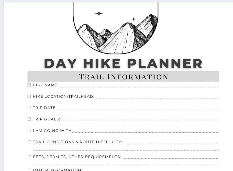 Day Hike Planner - Hike Plan Printable - Packing List - Planner - Digital Download - Etsy