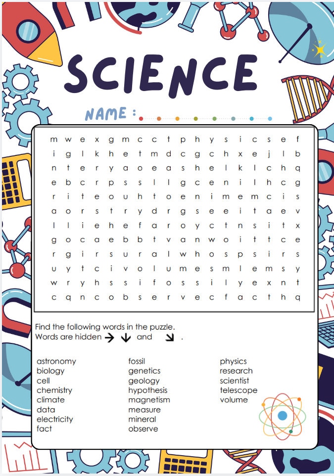 Science Word Search - Cute Science and Space Printable - Science ...