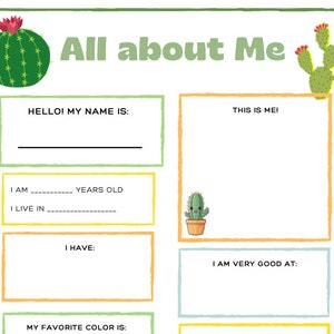 All About Me Cactus Printable - Student Favorites - Get to Know Me ...