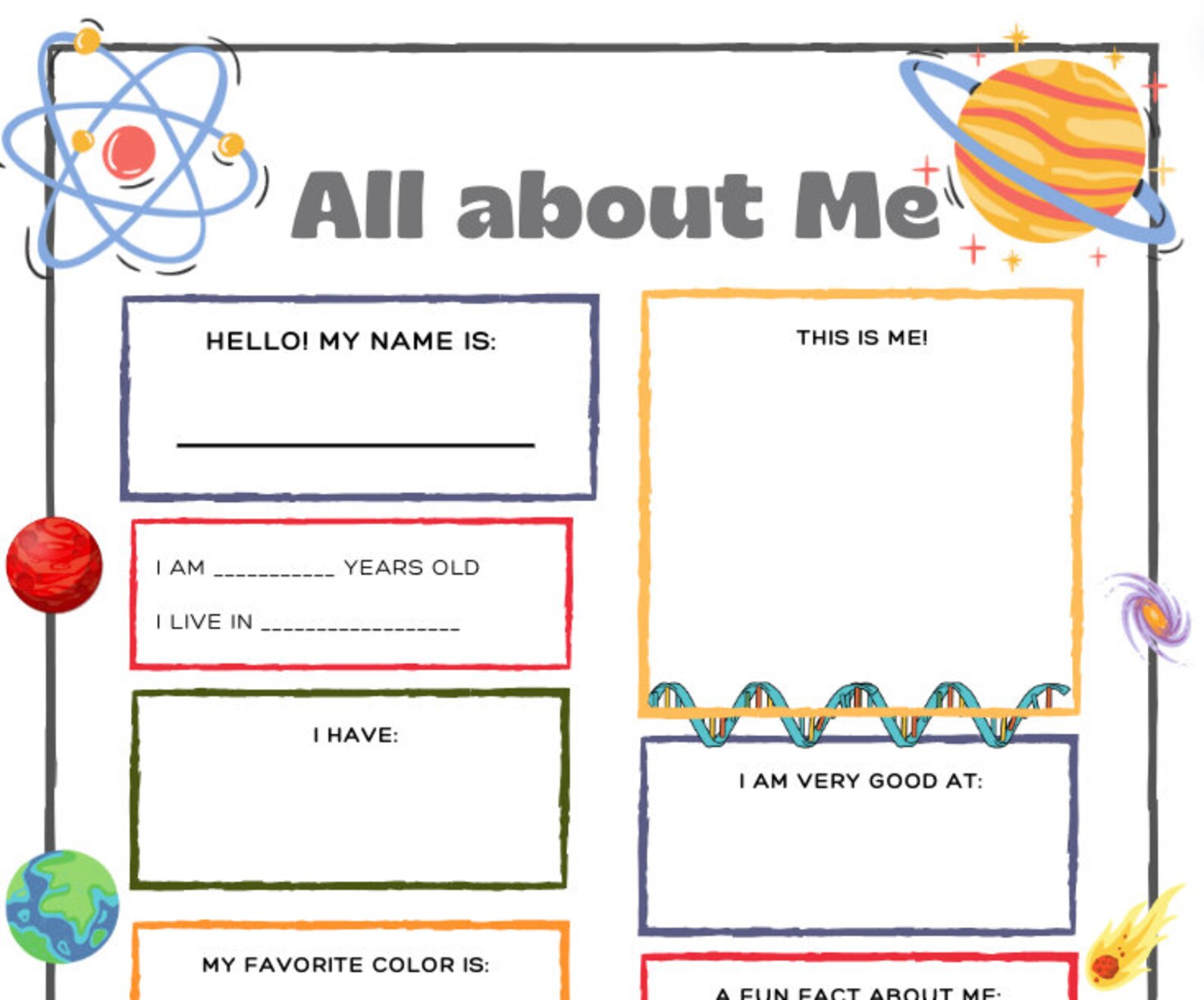 All About Me Cute Science and Space Printable - Student Favorites - Get ...