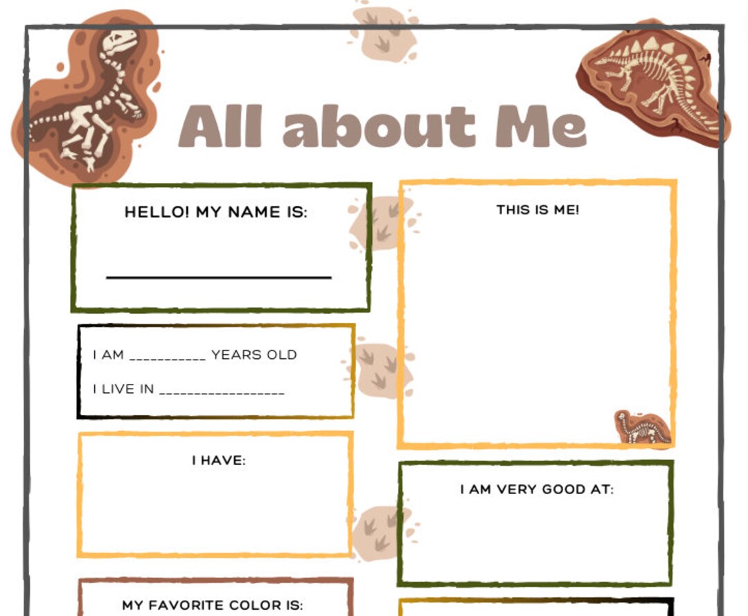 All About Me Cute Fossil Dinosaur Printable - Student Favorites - Get ...