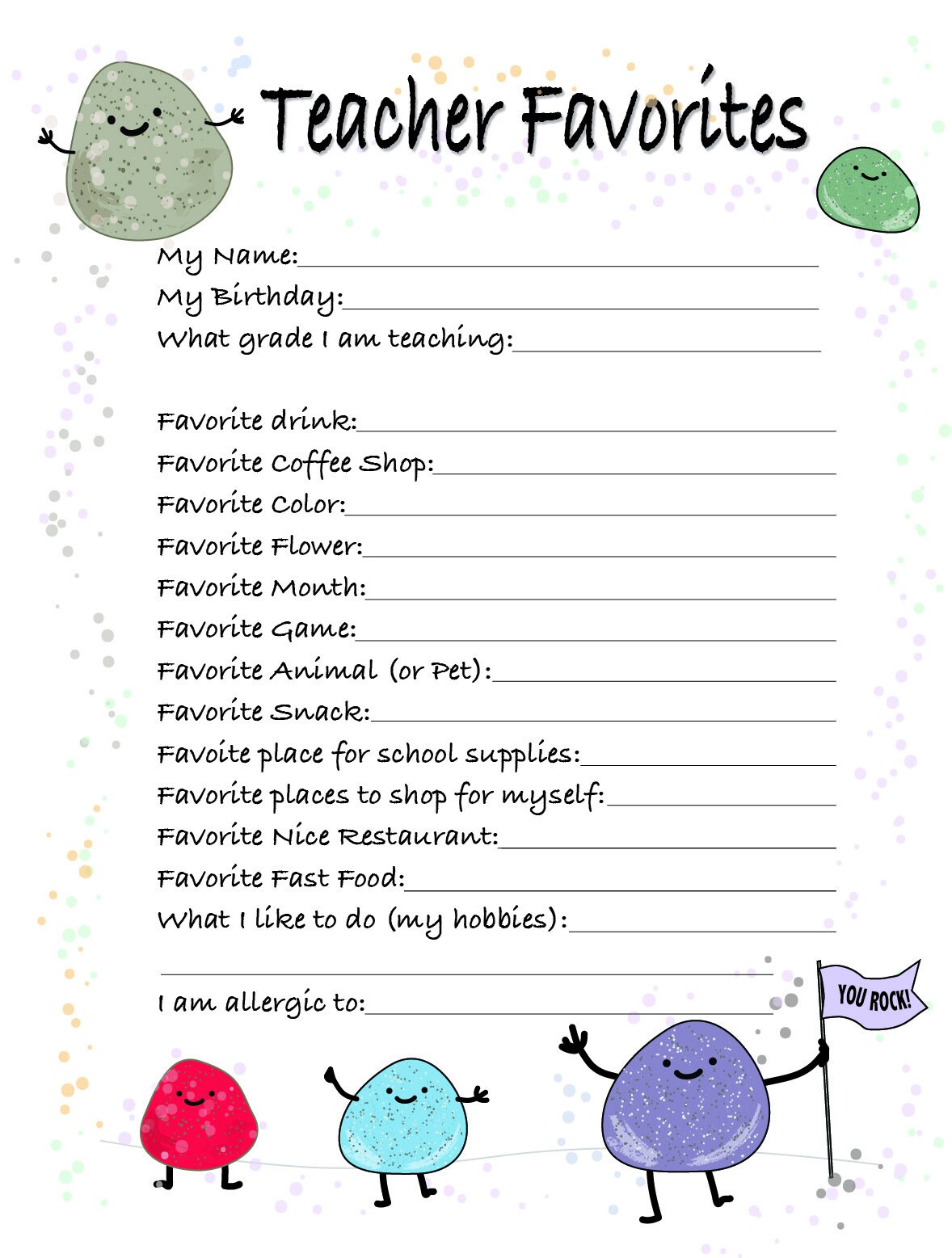 Teacher Favorites Printable- -my Favorites - All About Teacher ...