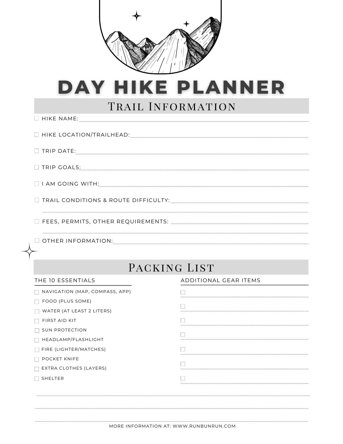 Day Hike Planner - Hike Plan Printable - Packing List - Planner ...