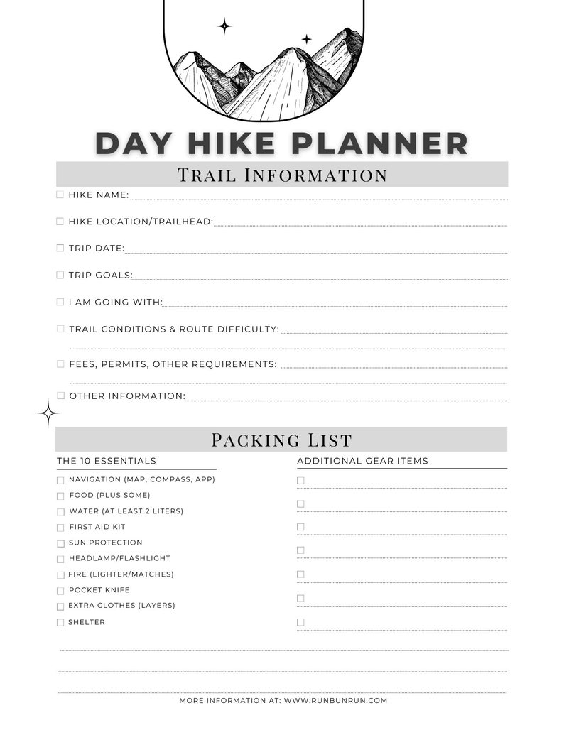 Day Hike Planner - Hike Plan Printable - Packing List - Planner ...