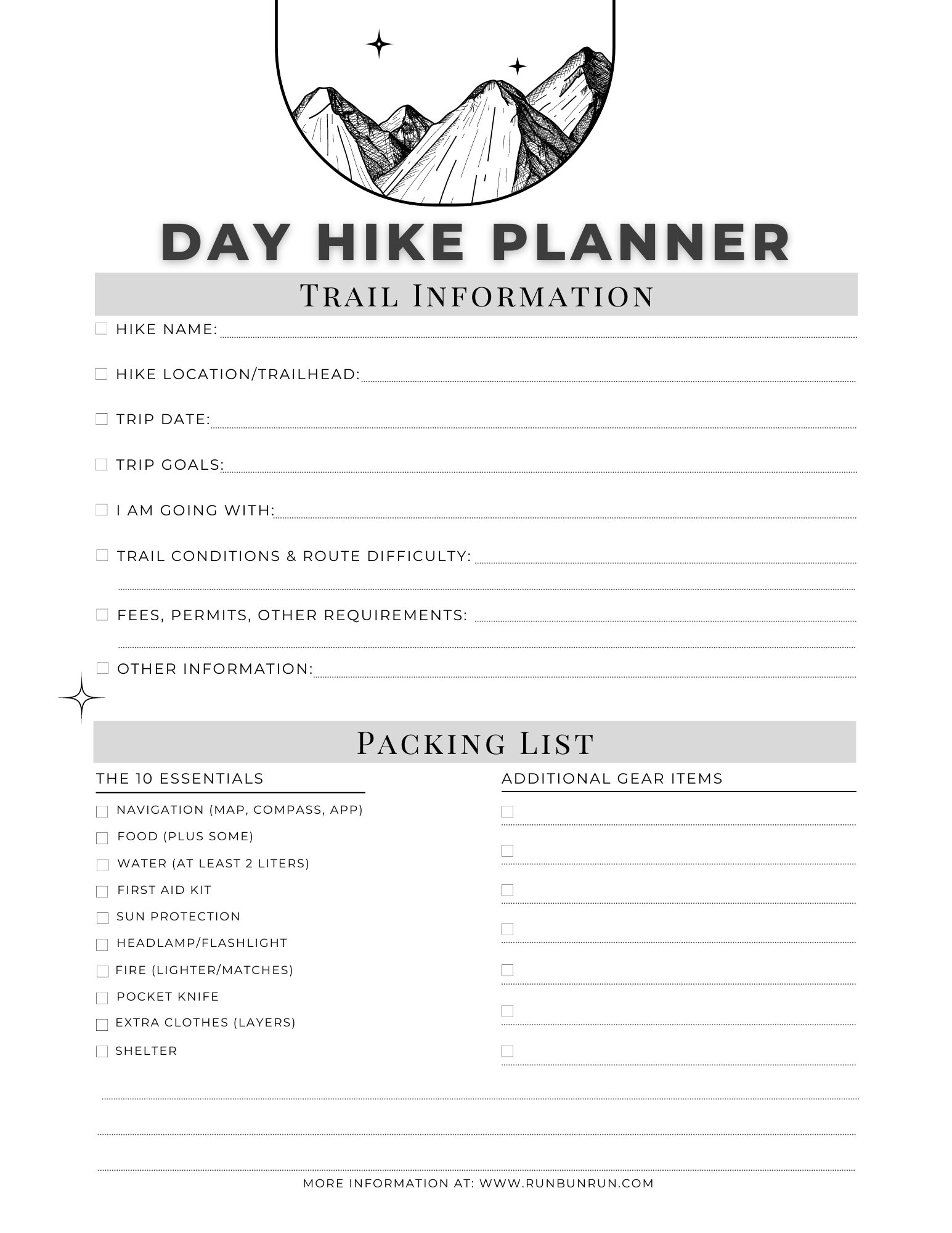 Day Hike Planner - Hike Plan Printable - Packing List - Planner ...