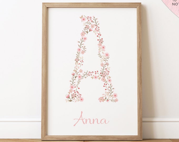Floral Personalised Baby Name Print Pink Floral Prints Nursery Decor ...