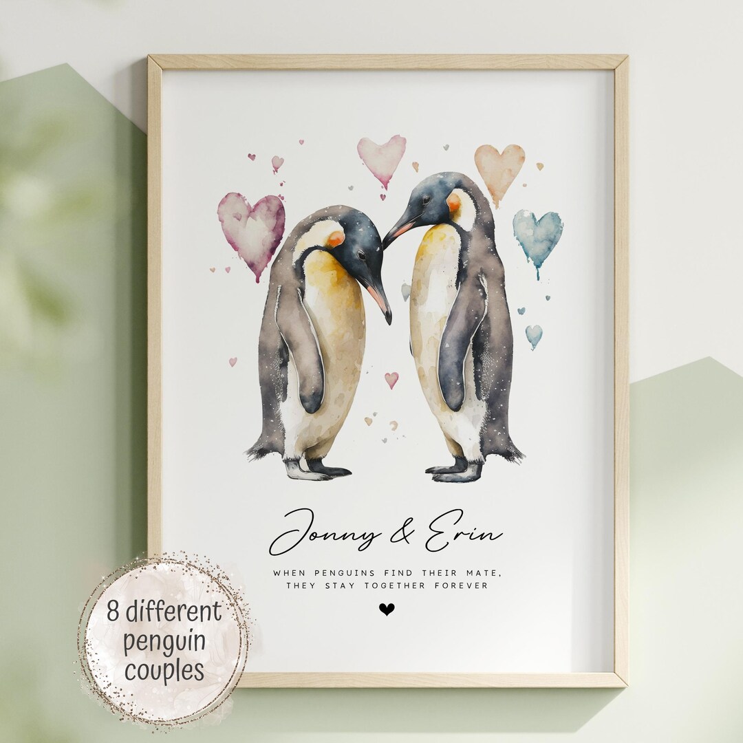 Penguin Couple Print | Penguin Love Print | Engagement Gift Idea ...