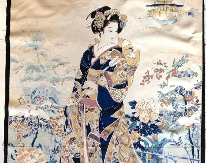 Geisha Fabric Panel, Japanese Lady Maiko Silver, Chinese Oriental Style ...