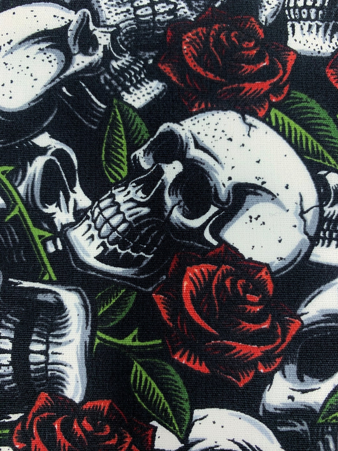 Skulls & Roses Fabric, Halloween Fabric, Skeleton Gothic Fabric, White ...