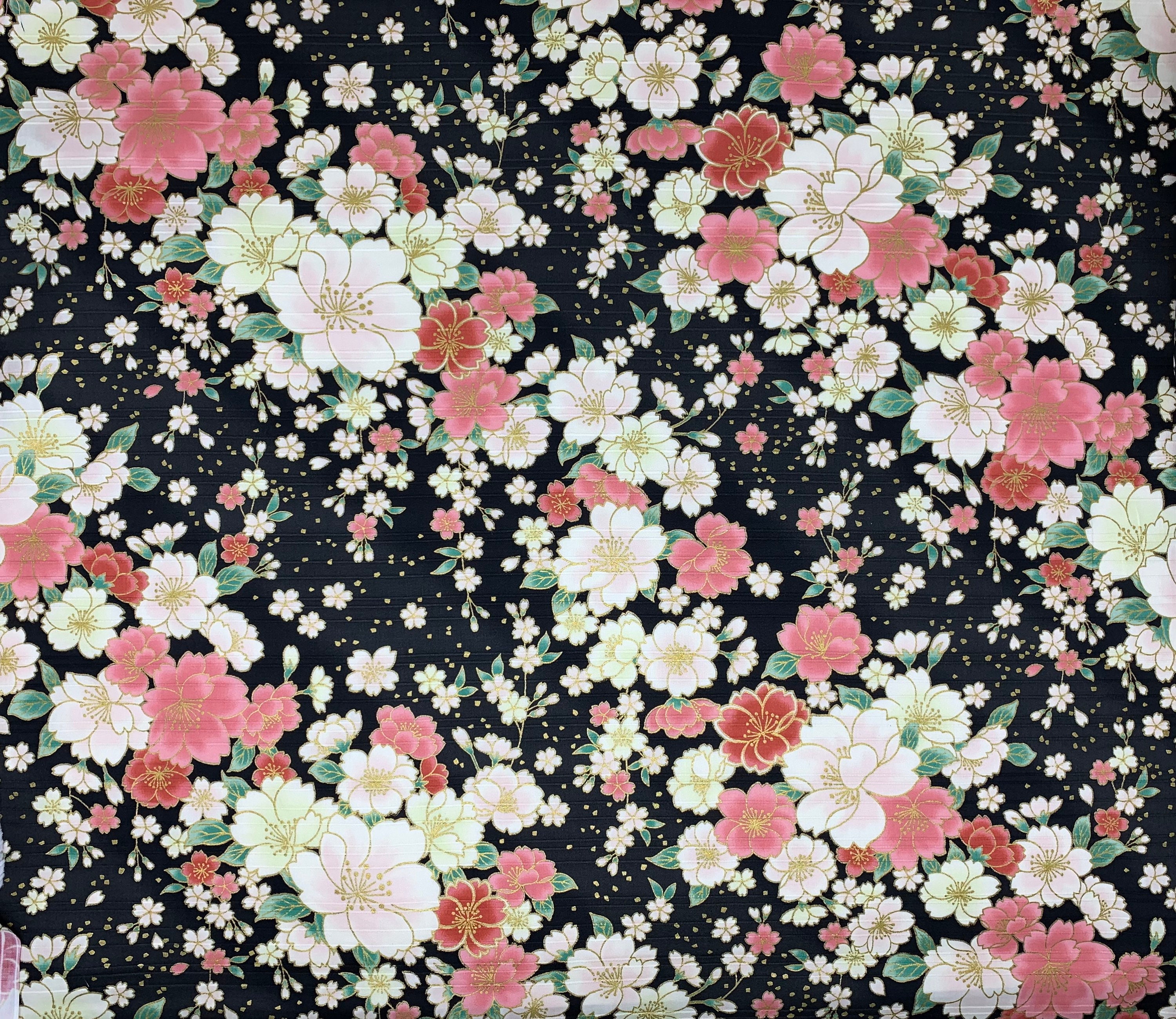 Japanese Blossom Sakura Floral Fabric, Pink Black Gold, Oriental ...