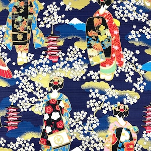 Geisha Fabric, Japanese Geiko Ladies Fabric, Blue Metallic Fabric, Gold ...