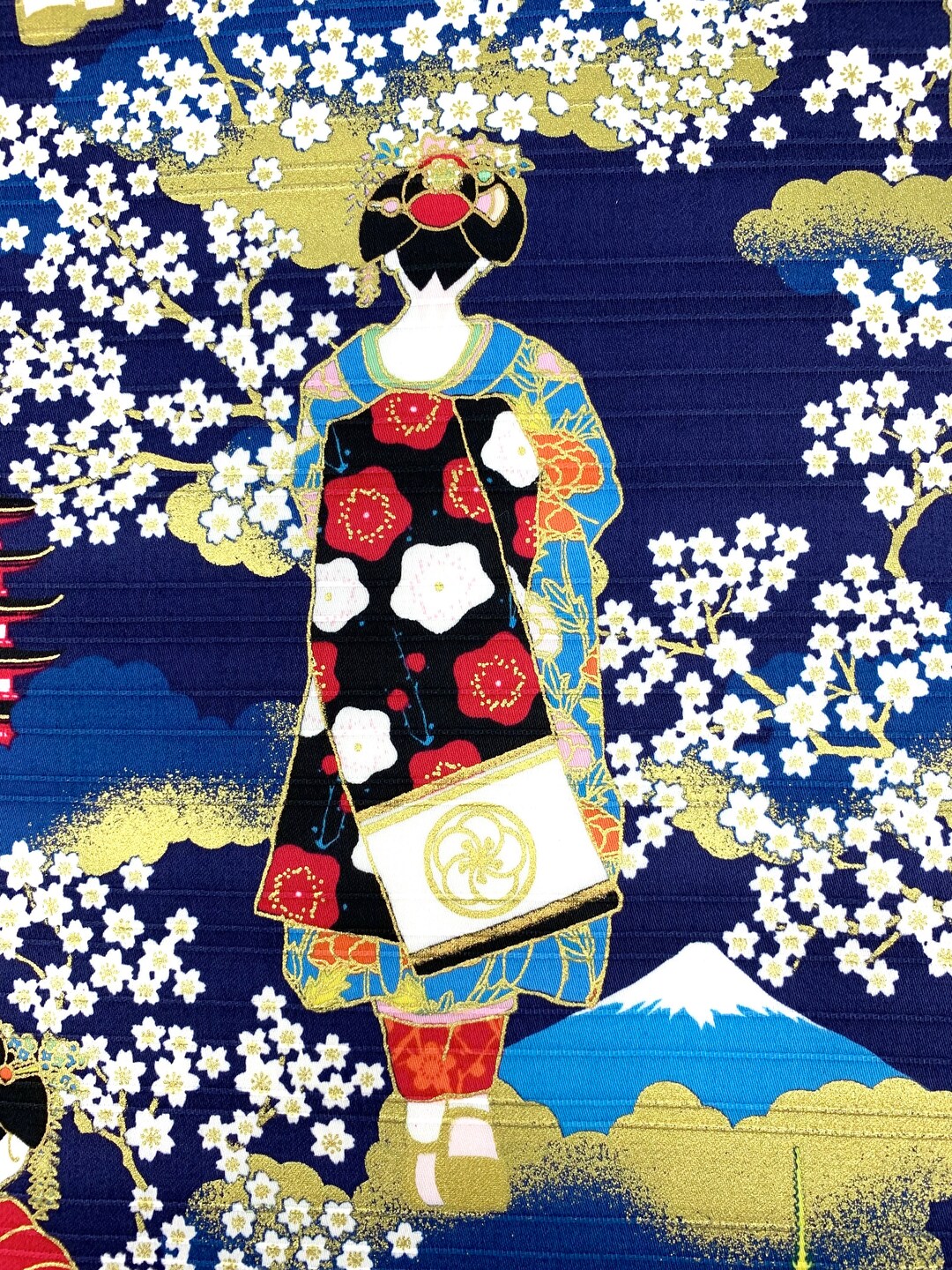 Geisha Fabric, Japanese Geiko Ladies Fabric, Blue Metallic Fabric, Gold ...