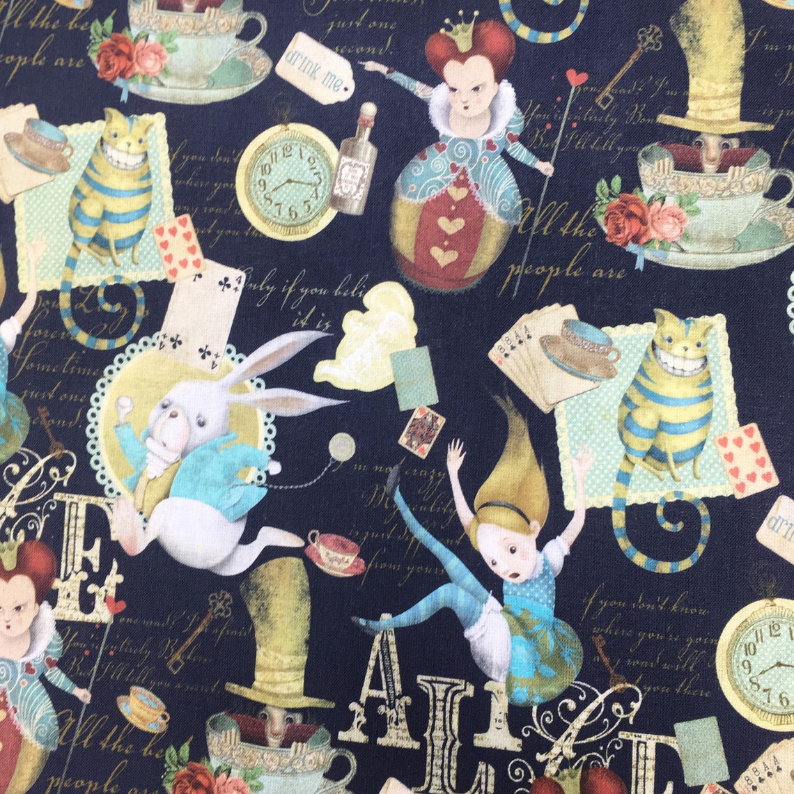 Alice in Wonderland fabric children's cotton black by | Etsy