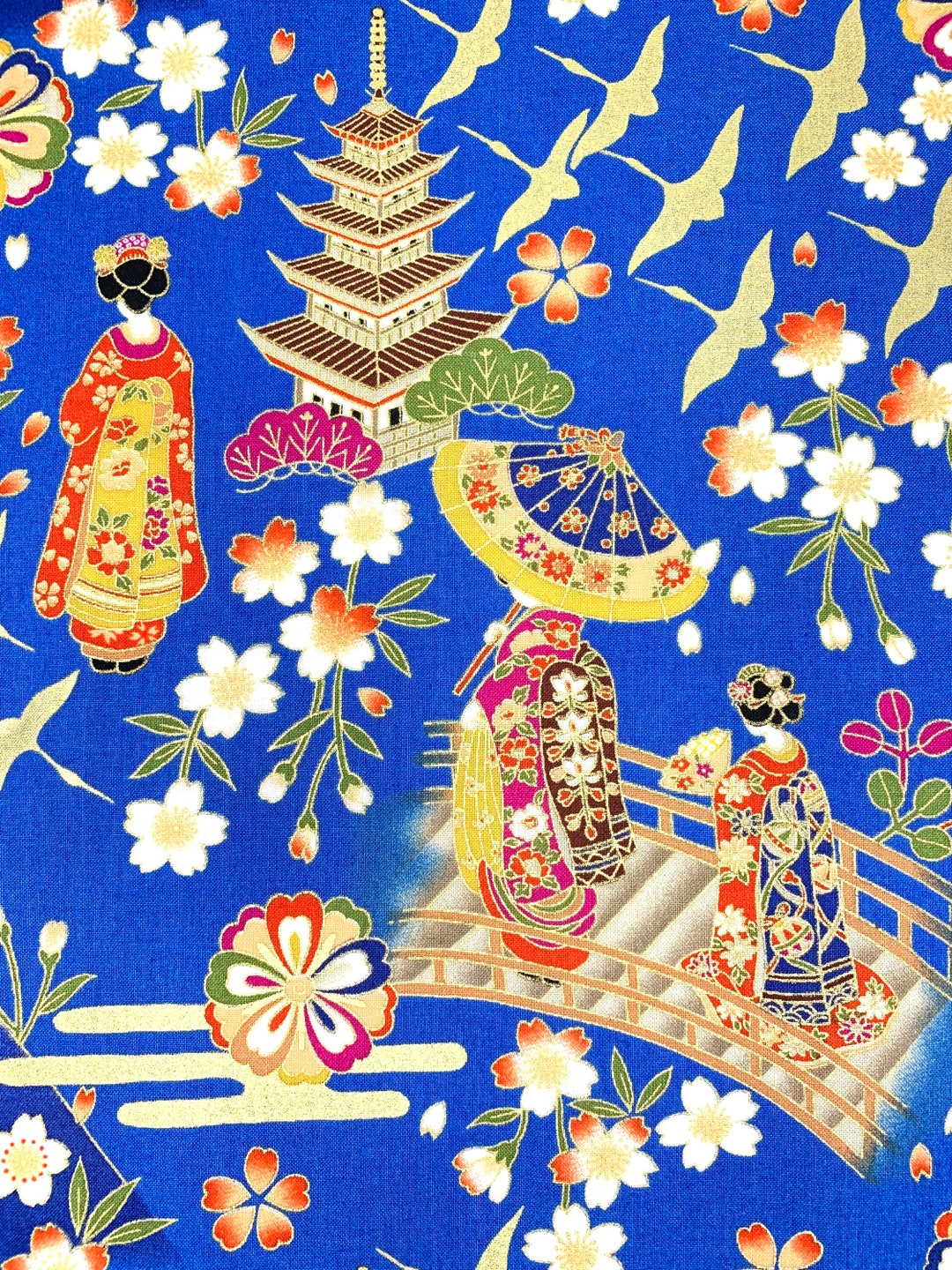 Geisha Fabric, Japanese Ladies Fabric, Blue Metallic Fabric, Gold Asian ...