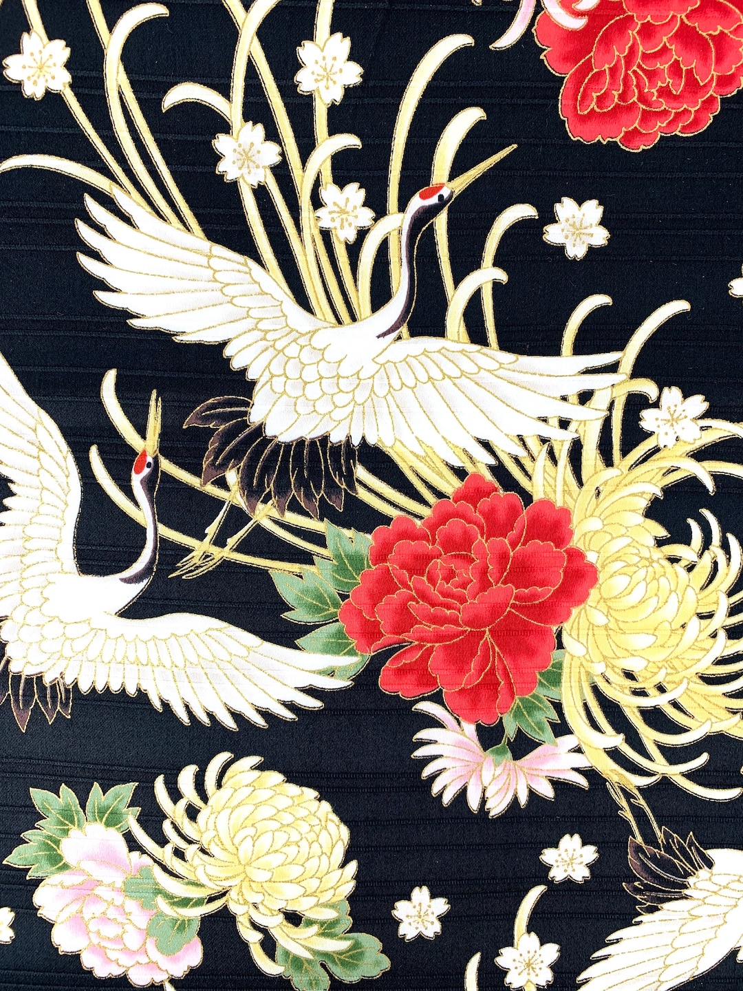 Japanese Cranes Fabric, Heron Stork, Black Gold Birds, Chinese, Asian ...