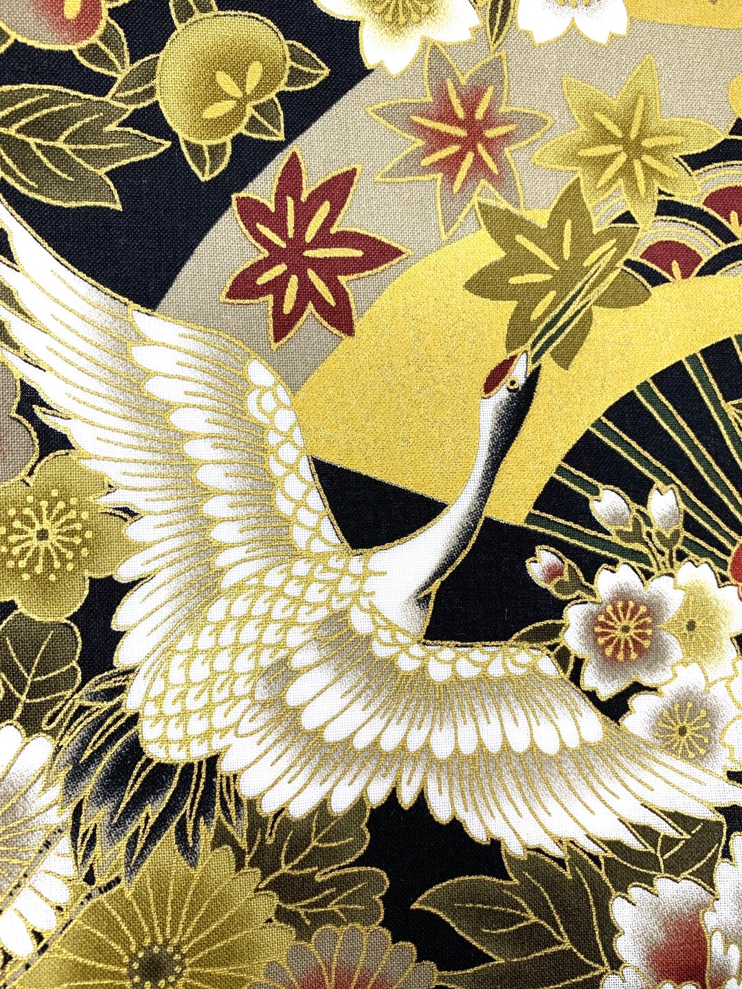 Japanese Crane Fabric, Metallic Birds, Heron, Stork, Gold Black ...