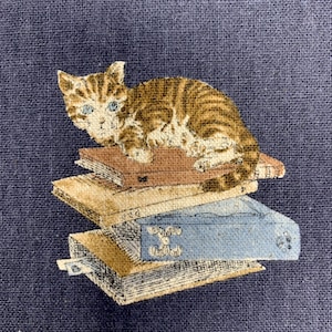 Cats With Books Fabric Cat Material Japanese Quirky Animal Print Linen ...