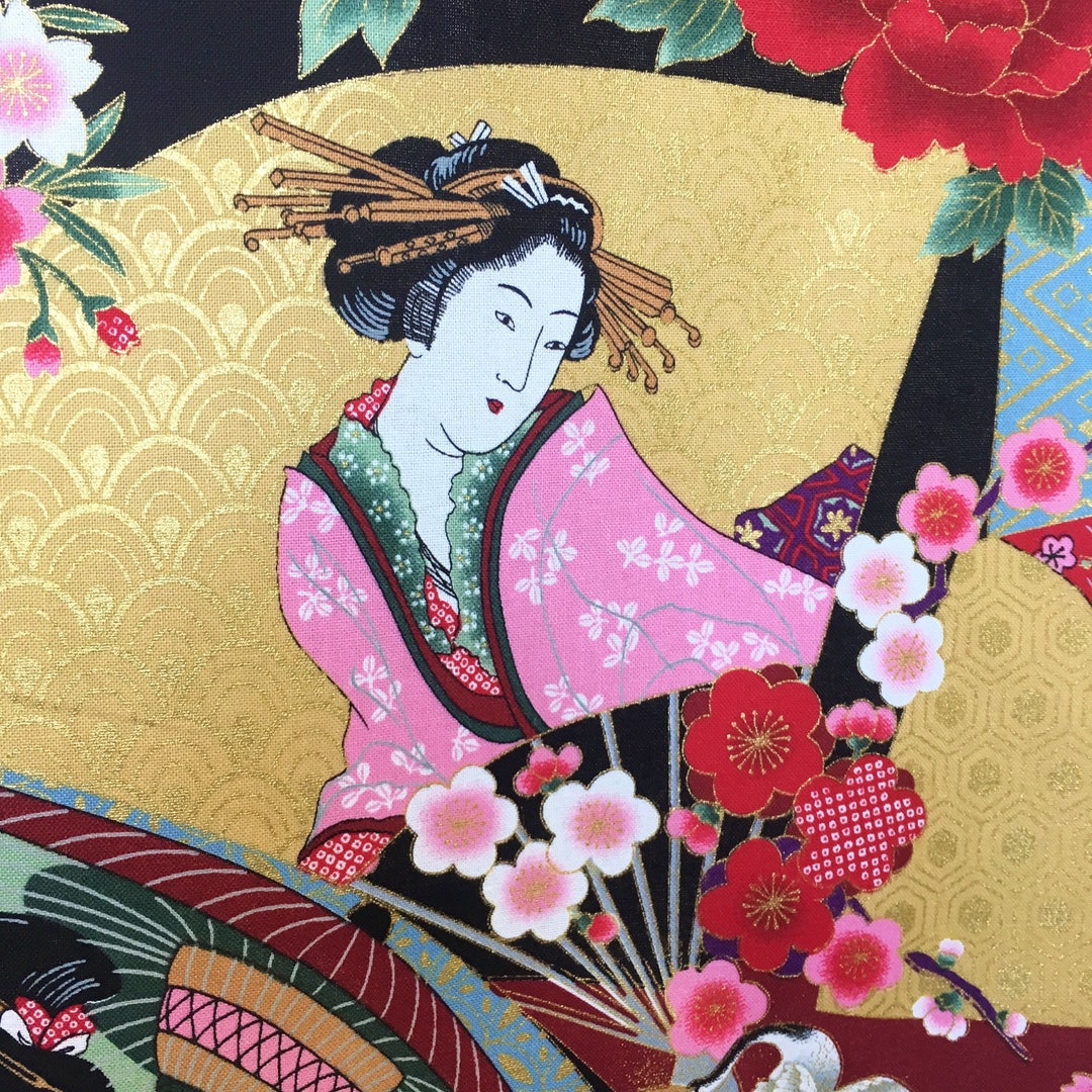 Geisha Fabric, Japanese Ladies Fabric, Metallic Fabric, Fans, Gold ...