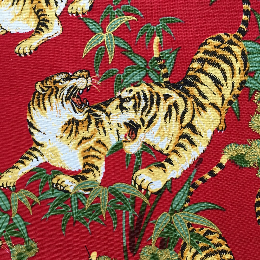 Tiger Fabric, Japanese Fabric, Red and Metallic Gold, Oriental Chinese ...