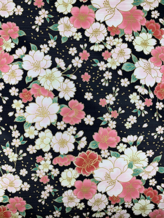 Japanese Blossom Sakura Floral Fabric Pink Black Gold | Etsy