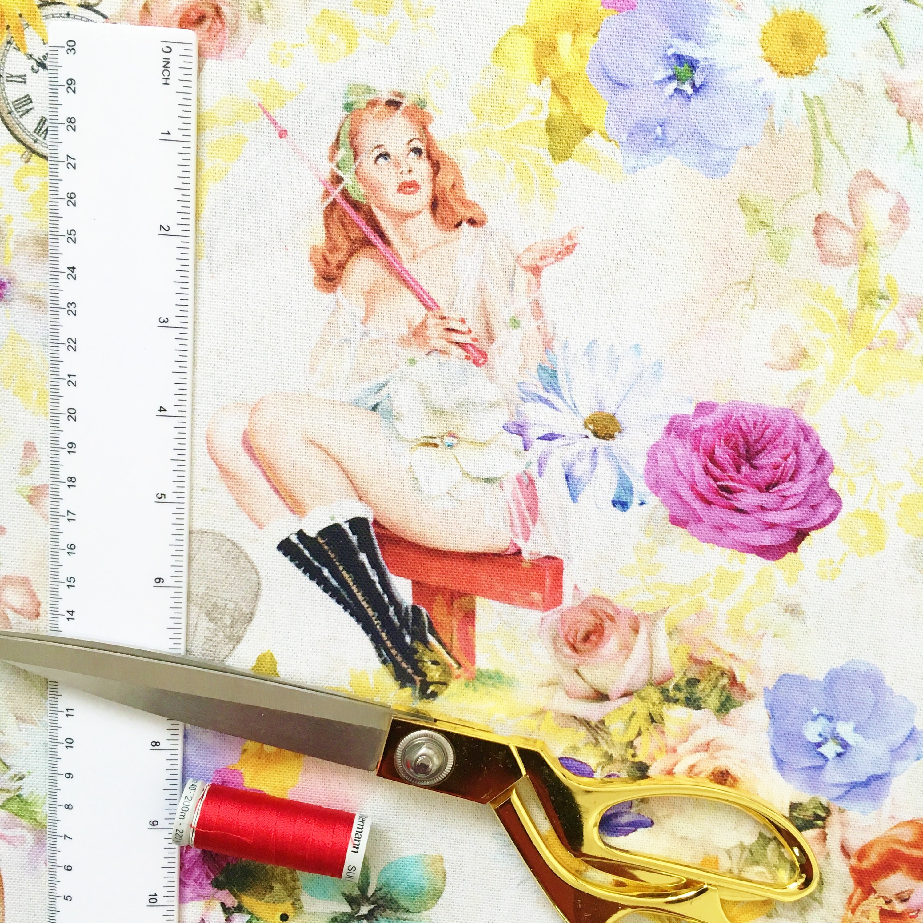 Pin up Girls Fabric, Retro 1950s Fifties Floral Print Cotton, for ...