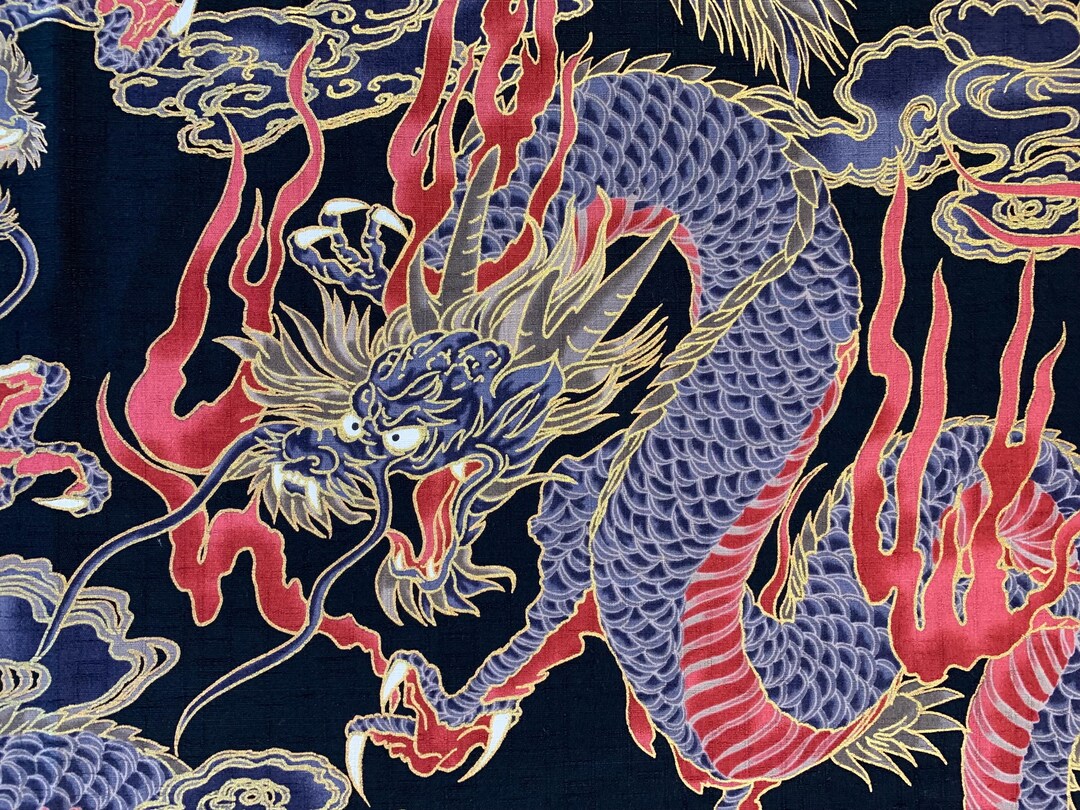 Japanese Dragons Fabric Oriental Asian Chinese Black Red Gold - Etsy