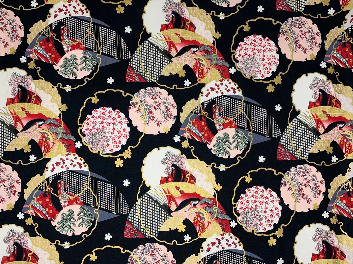 Japanese Ladies Fabric, Red Black Gold, Oriental Chinese Asian Cotton ...