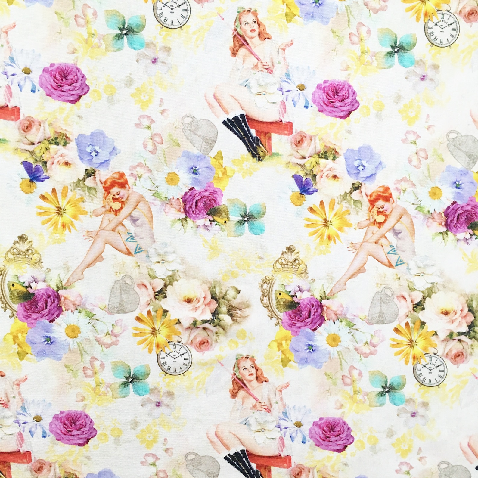 Pin up Girls Fabric, Retro 1950s Fifties Floral Print Cotton, for ...