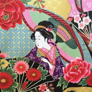Geisha Fabric, Japanese Ladies Fabric, Metallic Fabric, Fans, Gold ...