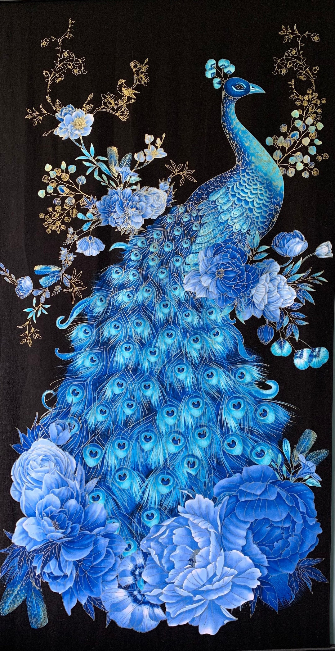 Peacock Cotton Fabric Panel Bird Japanese Chinouiserie Oriental Style ...