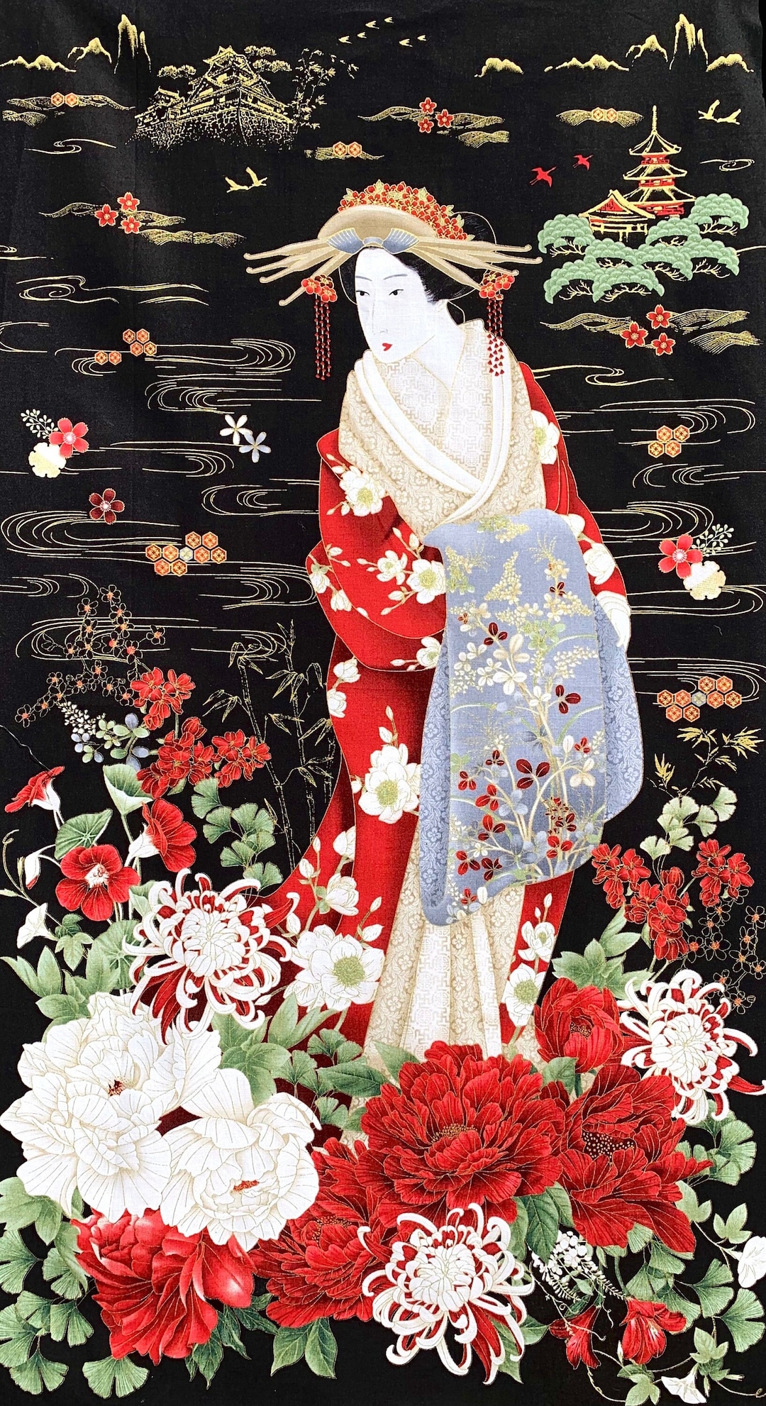 Geisha Fabric Panel, Japanese Lady Maiko Black, Chinese Oriental Style ...