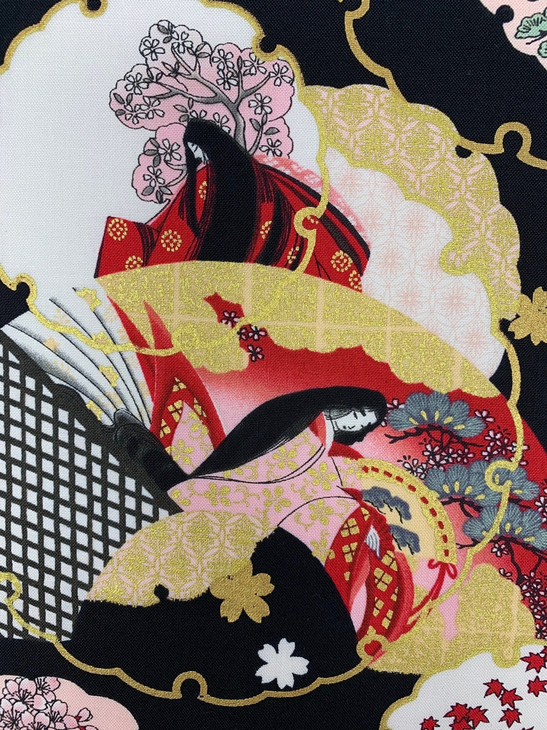 Japanese Ladies Fabric, Red Black Gold, Oriental Chinese Asian Cotton ...