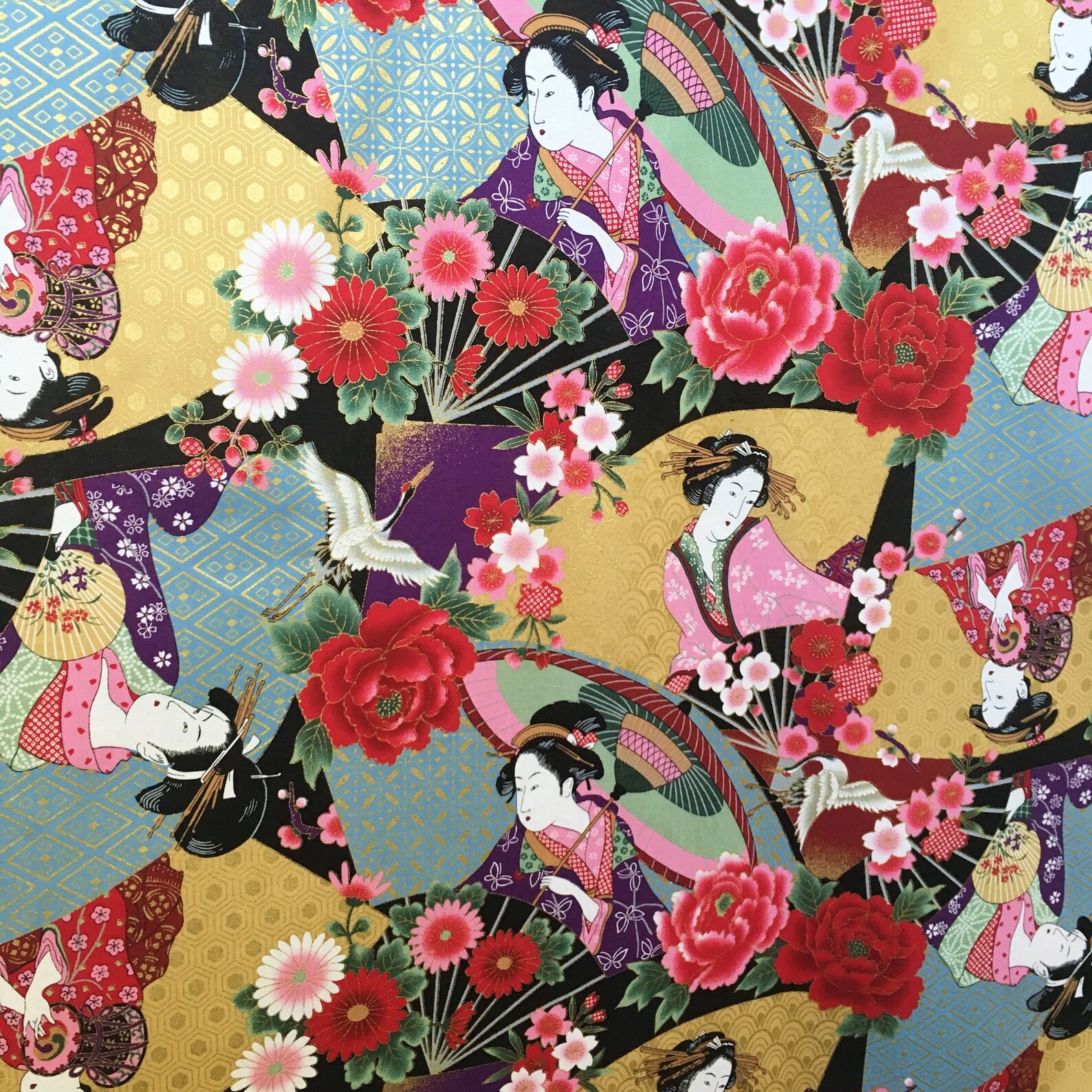 Geisha Fabric, Japanese Ladies Fabric, Metallic Fabric, Fans, Gold ...