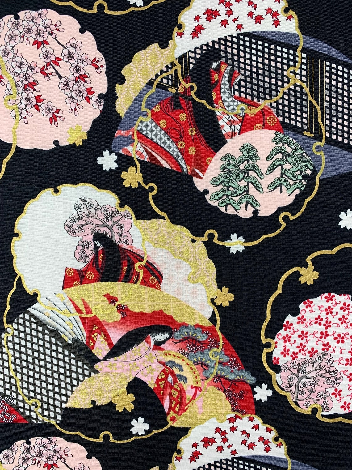 Japanese Ladies Fabric, Red Black Gold, Oriental Chinese Asian Cotton ...