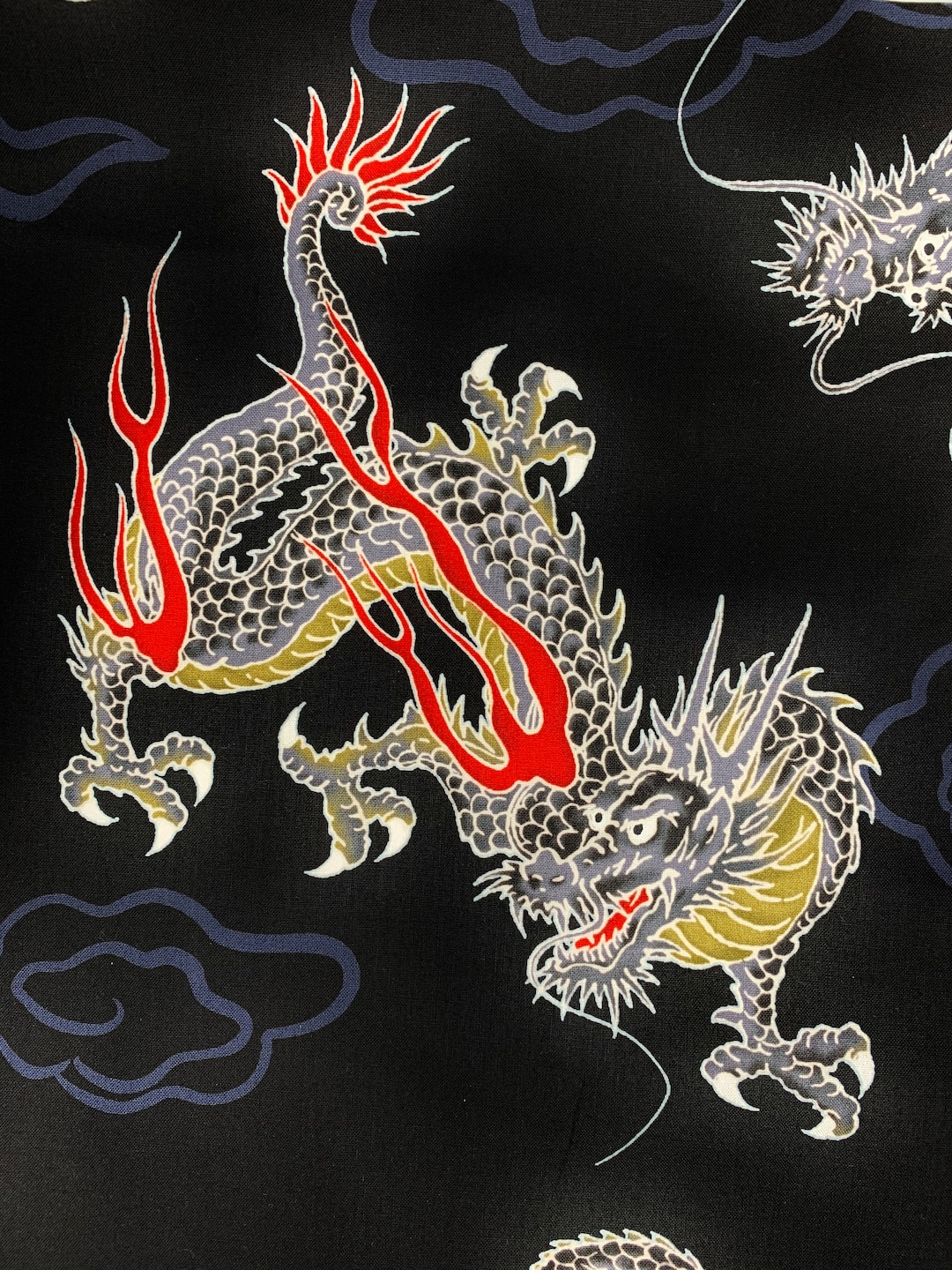 Japanese Large Dragons Fabric, Black or Red, Chinese Asian Oriental ...