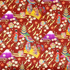 Geisha Fabric, Japanese Ladies Fabric, Red Metallic Fabric, Gold Asian ...