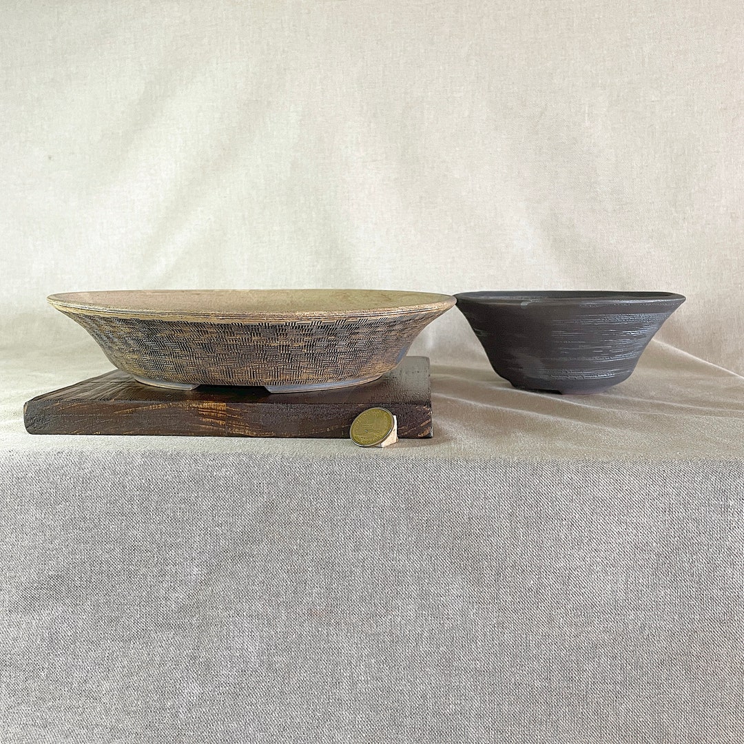 Handmade Bonsai Pots Duo With Wood Stand. Stoneware Made, Oxidized ...